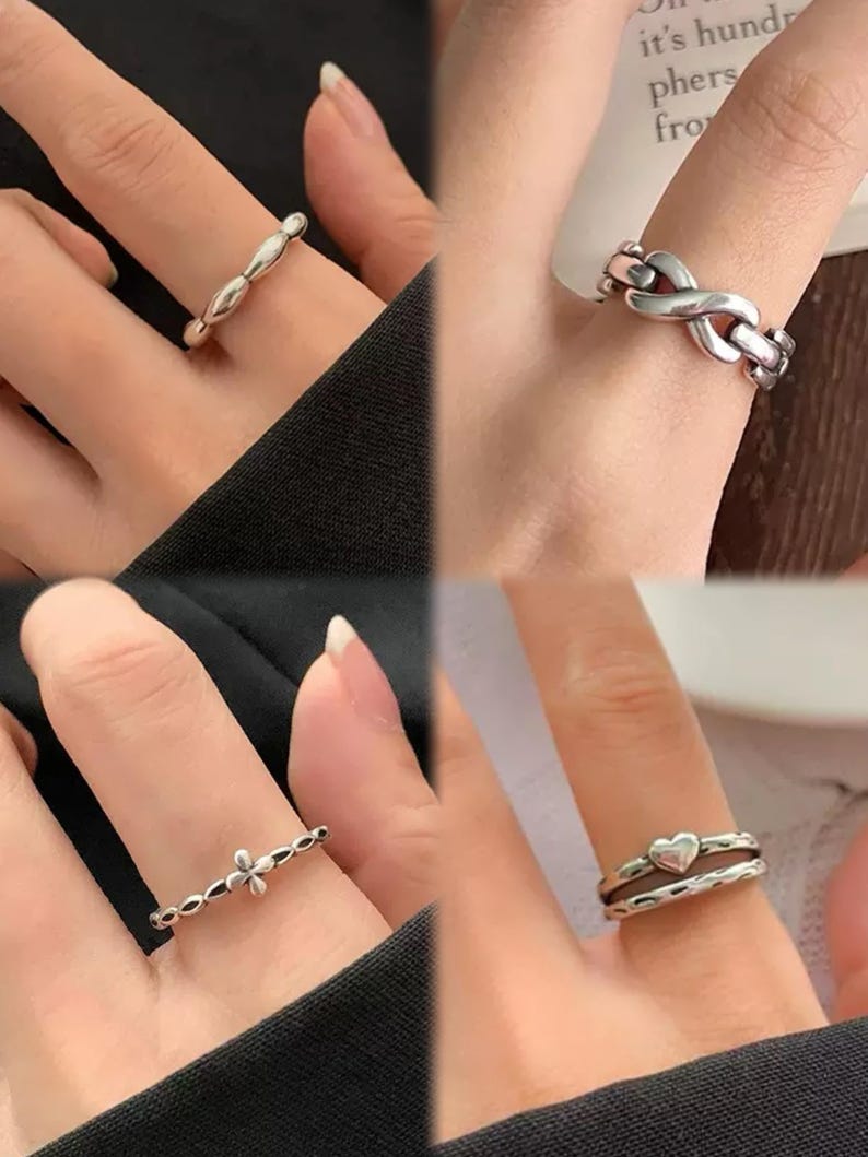 Vintage Punk Adjustable Rings Set, Grunge Y2K Stackable Silver Rings ...