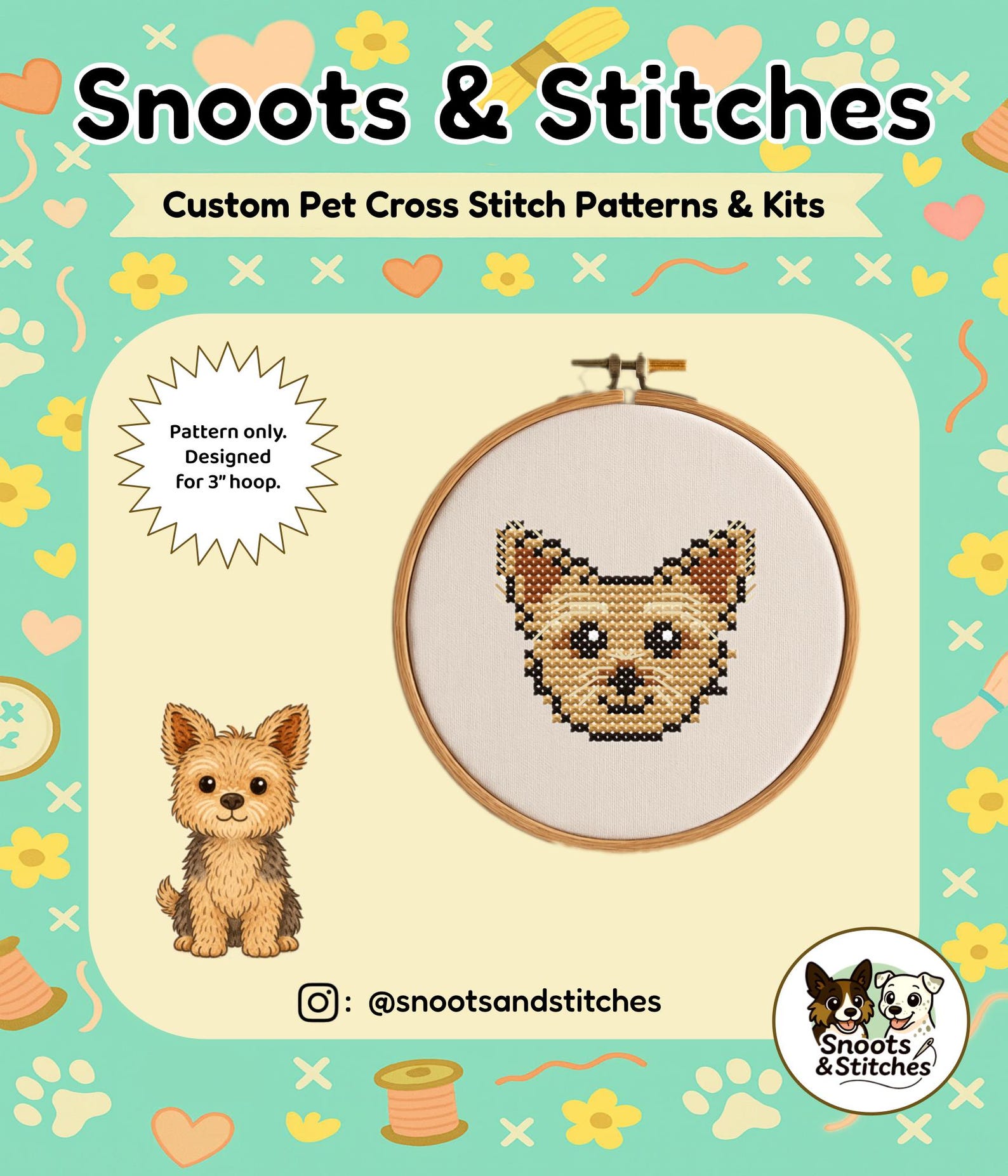 Mini 3" Pattern - Yorkie Cross Stitch - Digital PDF Download - Etsy