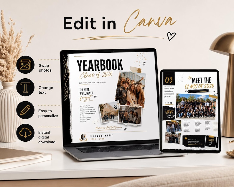 Editable Yearbook Canva Template, Class of 2026 School Memory Book ...