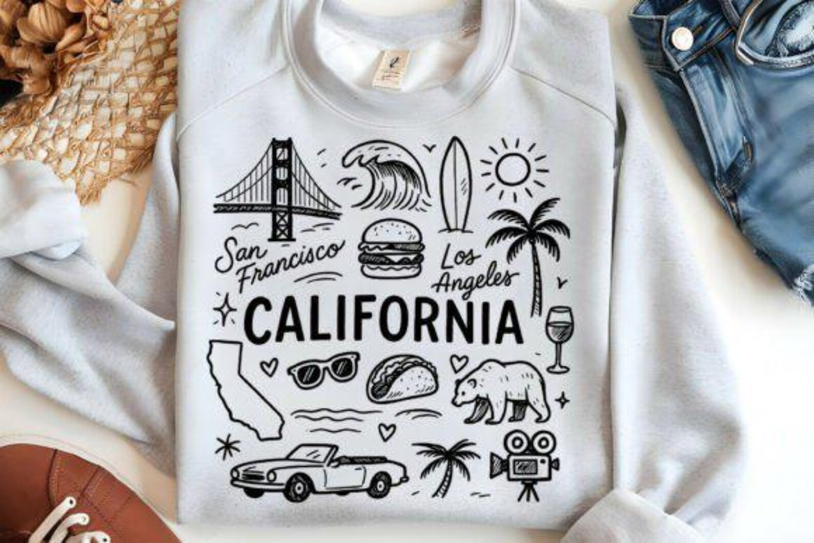 Camiseta de viagem para Los Angeles, design de rabisco retrô, lembrança ...