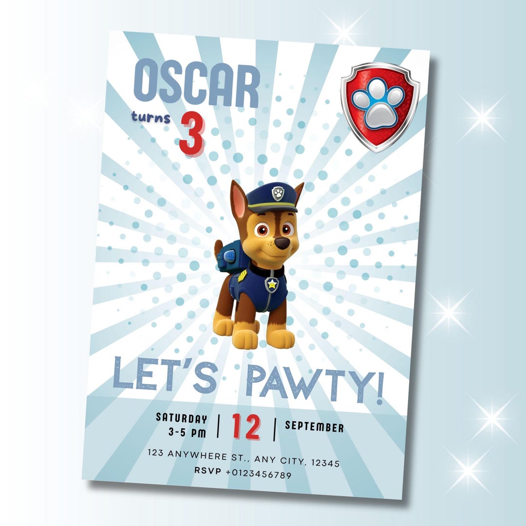 PAW PATROL CHASE Invitation Editable Birthday Invitation Digital ...