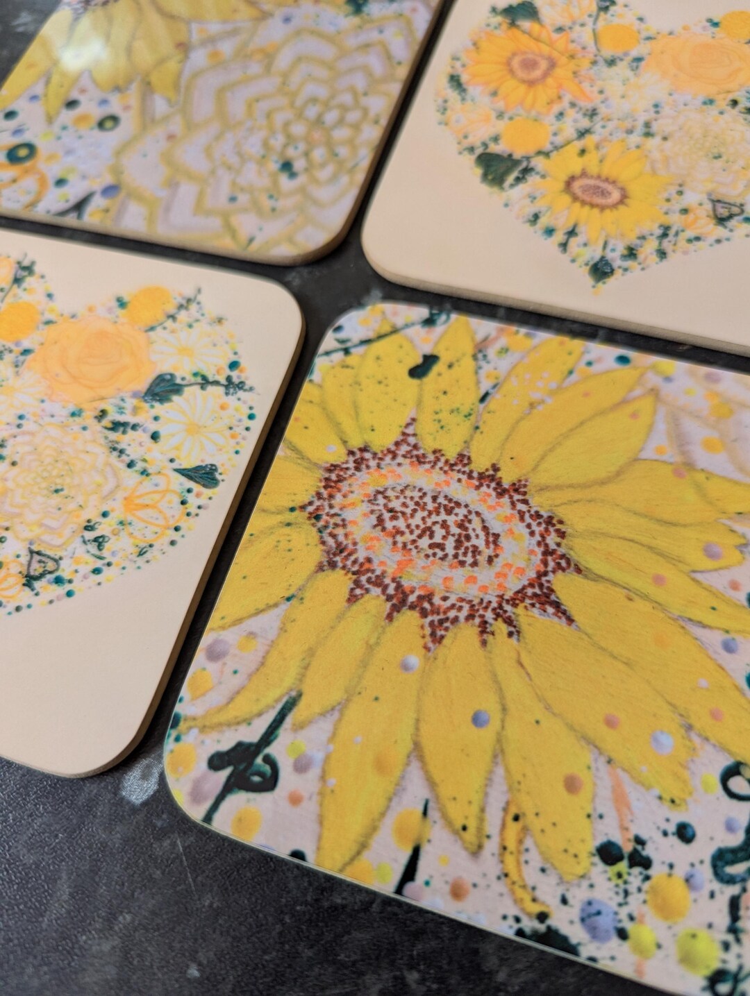 Yellow Sunflower Coaster Set, Heart Shape Floral Coasters, Colourful ...