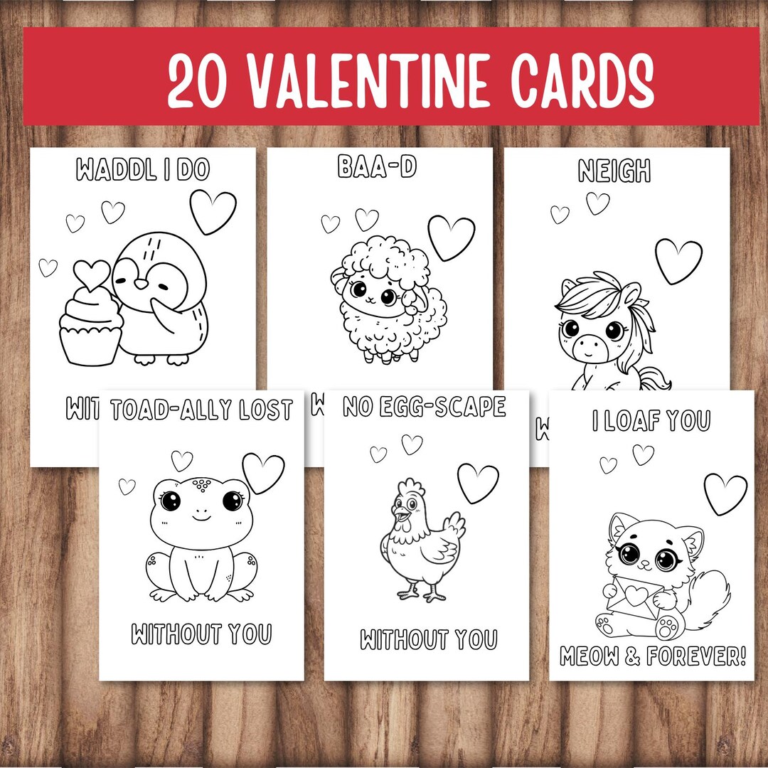 Animal Pun Valentine Cards for Kids, Classroom Coloring Activity (PDF ...