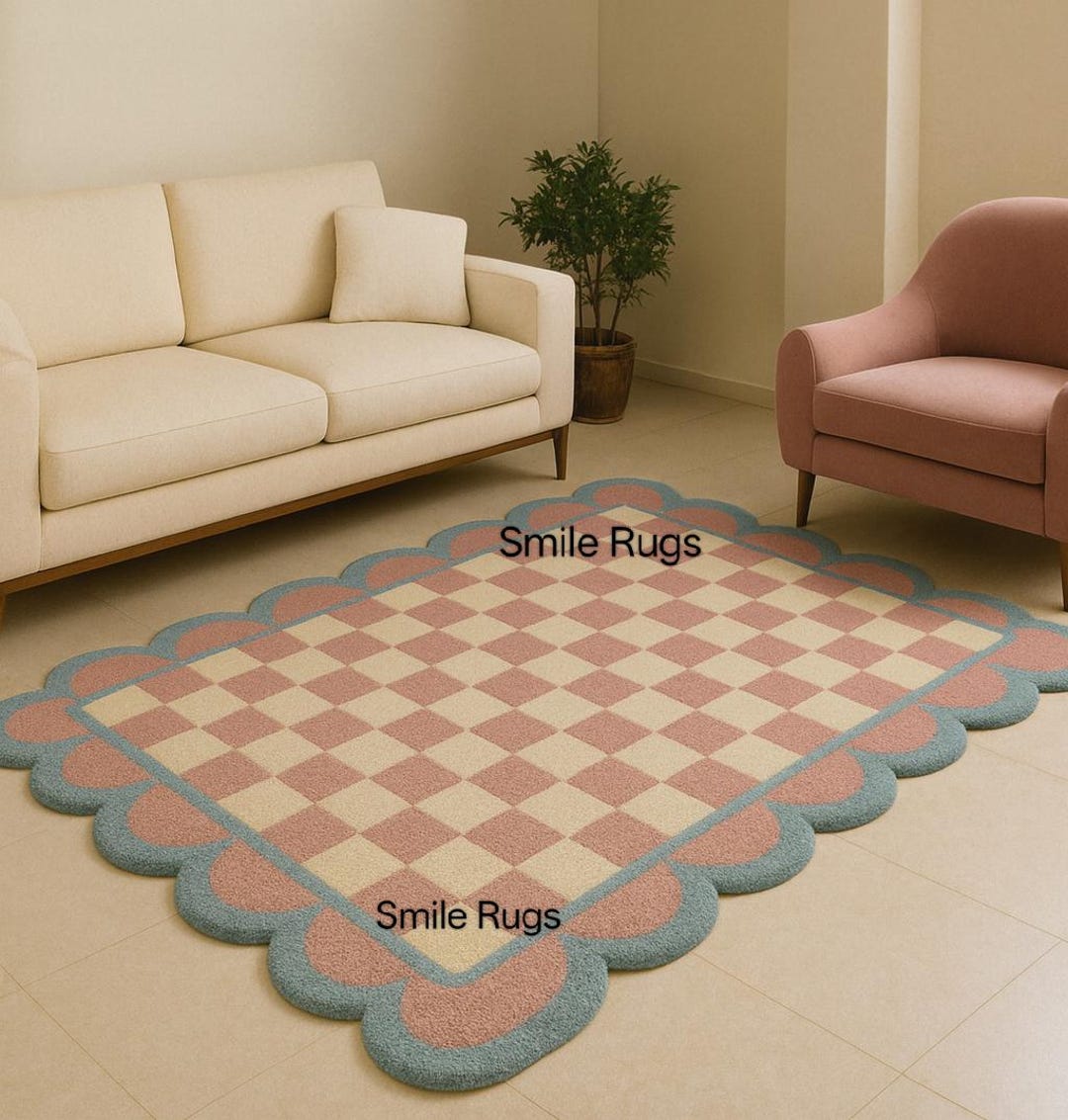 Handmade Tufted Wool Rug: Pastel Checkered Scallop Edge - Etsy