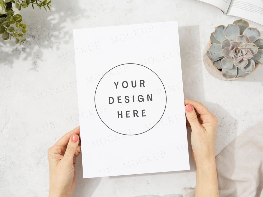 Hand Held A4 Art Print Mockup With Plant. Flat Lay Photo Print Mockup ...