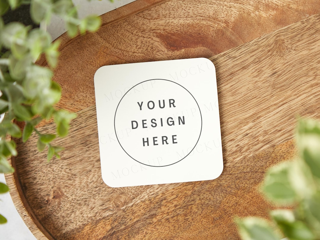 Square Coaster Mockup. White Coaster on Wood Surface With Nature Plants ...