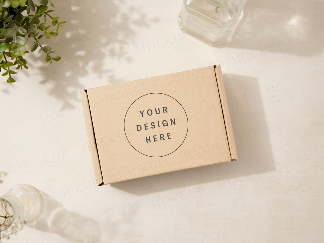 Gift Box Packaging Mockup With Plant and Shadows. Kraft Brown Postage ...