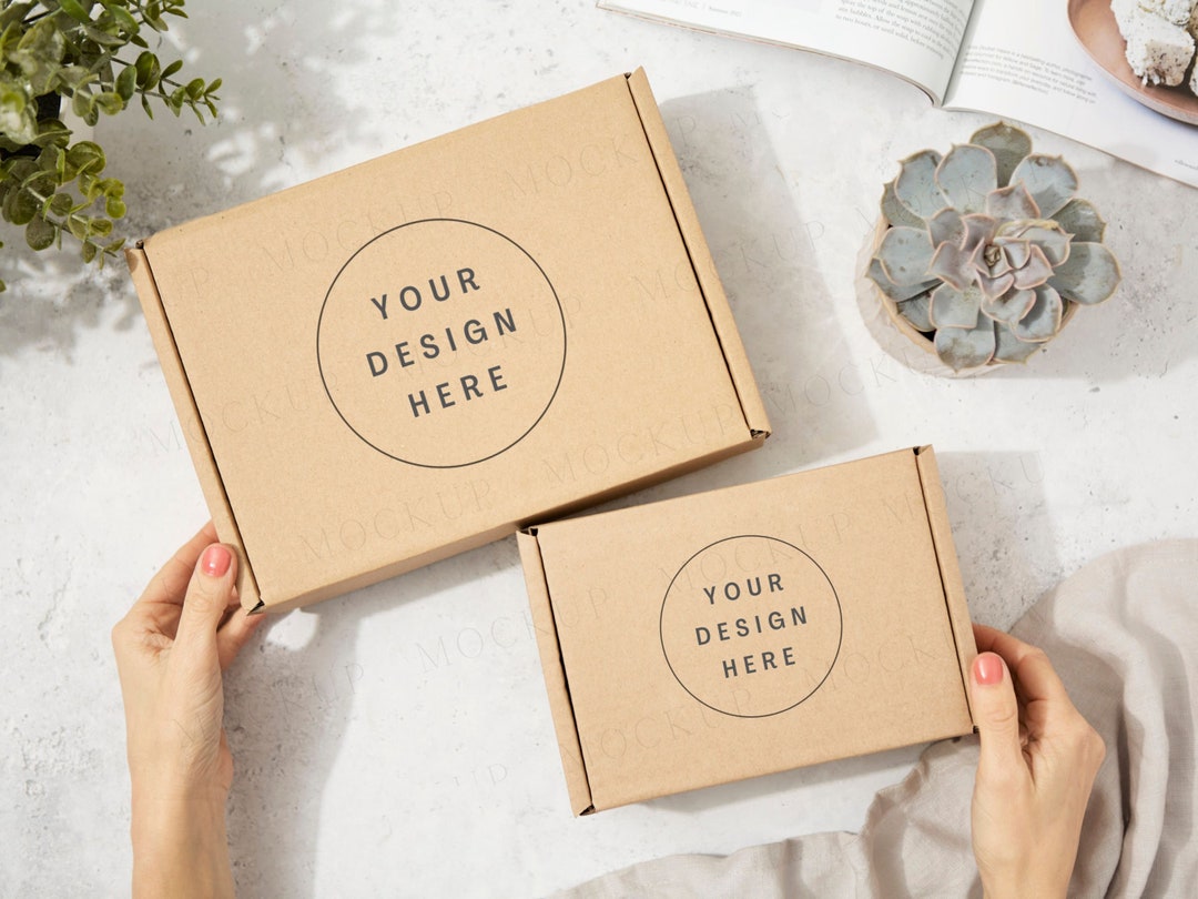Gift Box Set Packaging Mockup With Hands and Plants. Kraft Brown ...