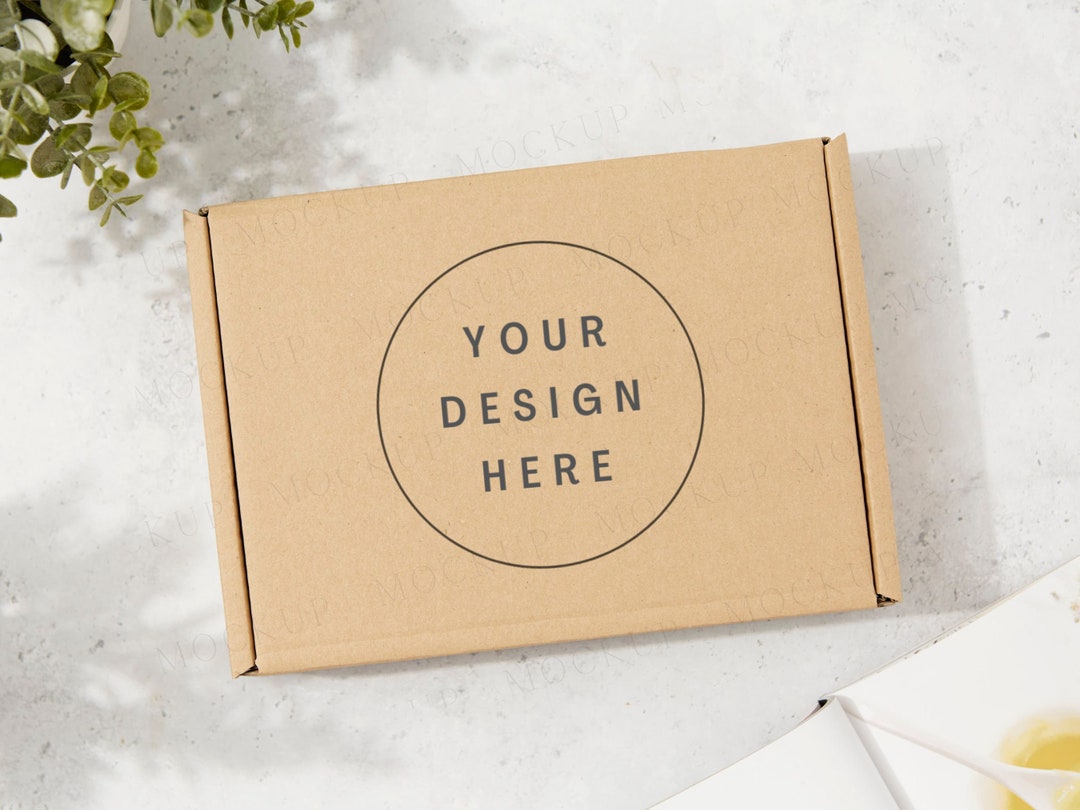 Gift Box Packaging Mockup With Plant and Shadows. Kraft Brown Postage ...