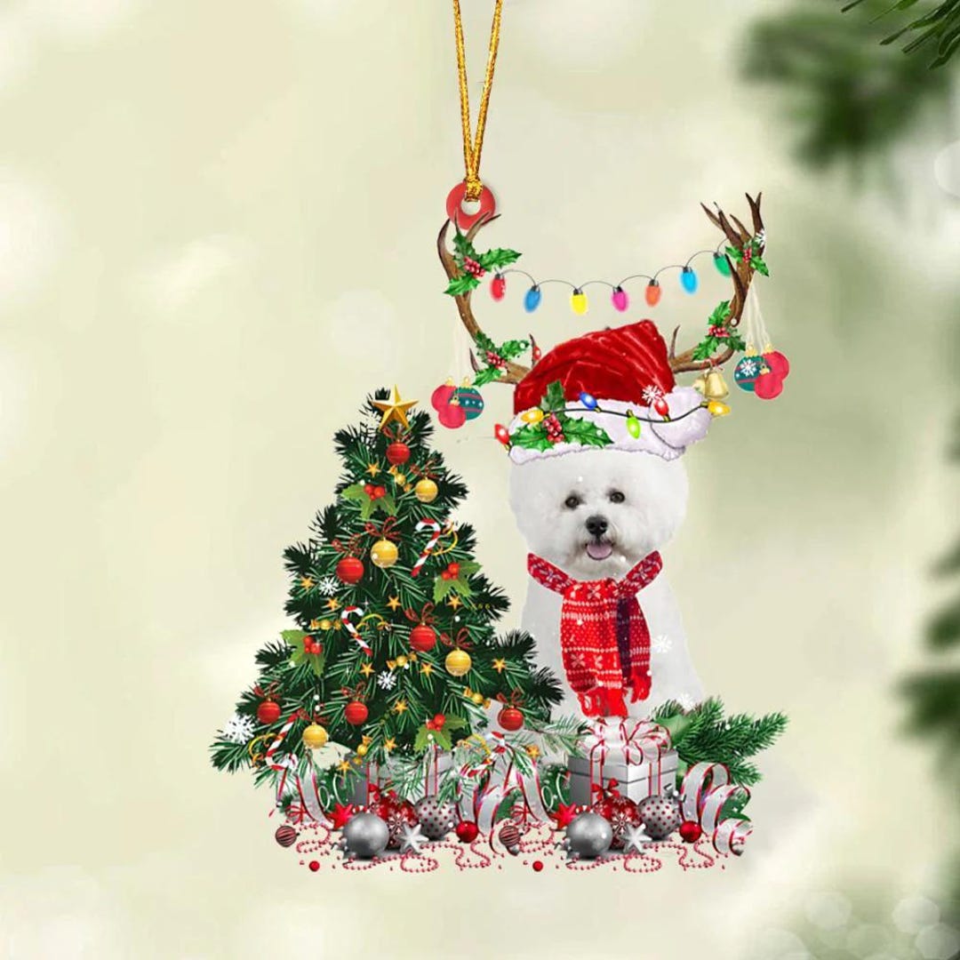 Bichon Frise Christmas Tree Ornament, Cute Reindeer Dog Santa Acrylic ...