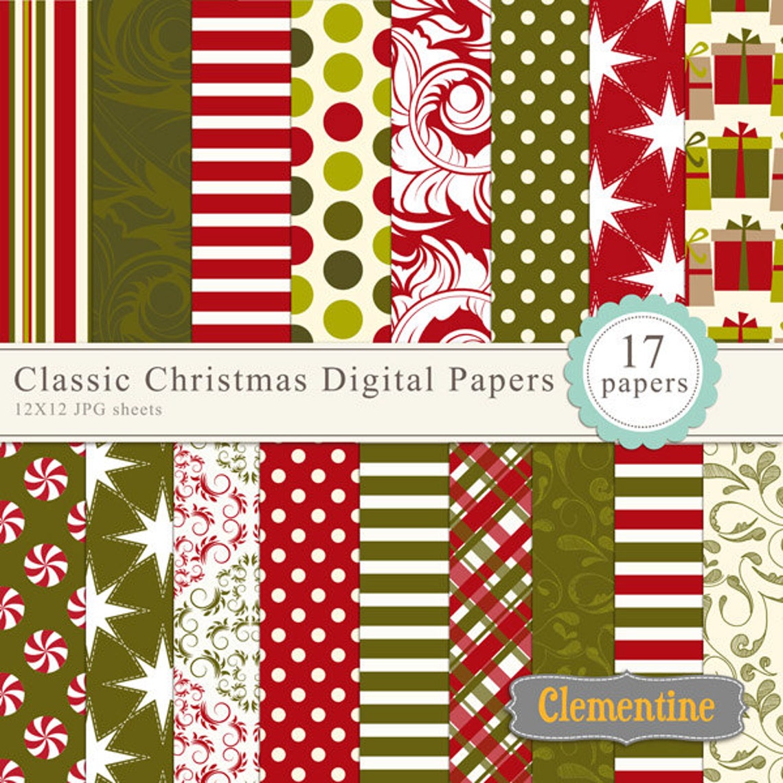 Classic Christmas Scrapbook Paper 12x12, Digital Scrapbooking Paper ...