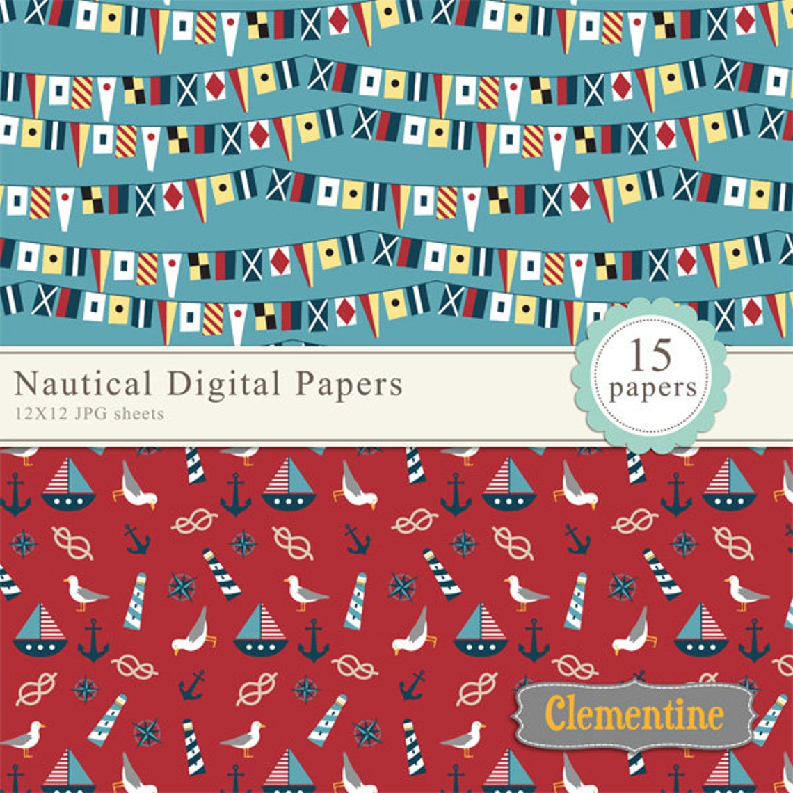 Nautical Scrapbook Paper 12x12, Nautical Digital Scrapbooking Paper ...