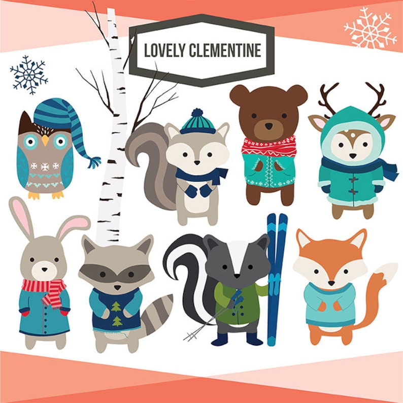 Winter Woodland Animals Clip Art Images and Digital Stamps, Woodland ...