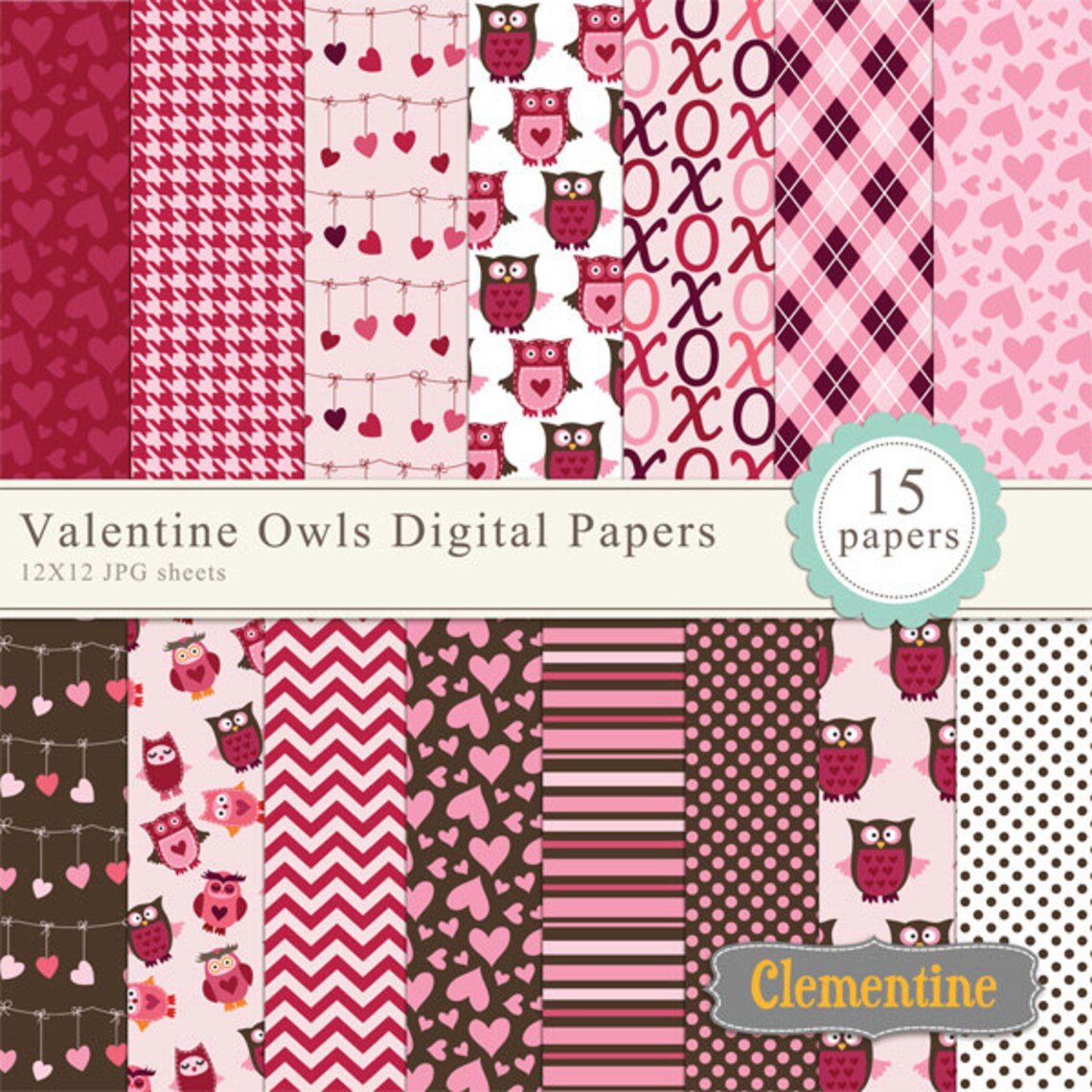 Valentine Digital Paper 12x12 Owl Digital Scrapbook Paper - Etsy