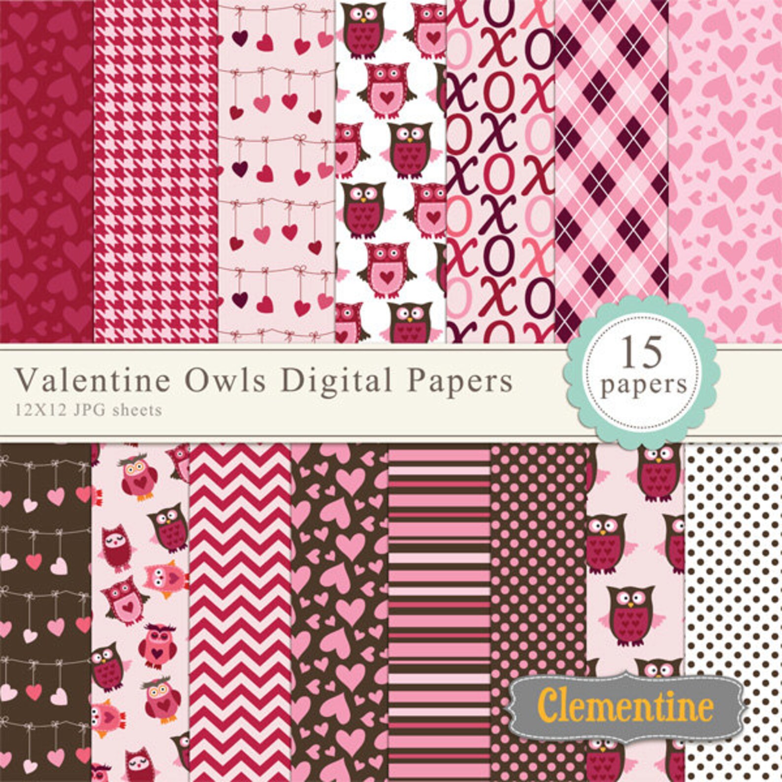 Valentine Digital Paper 12x12 Owl Digital Scrapbook Paper - Etsy