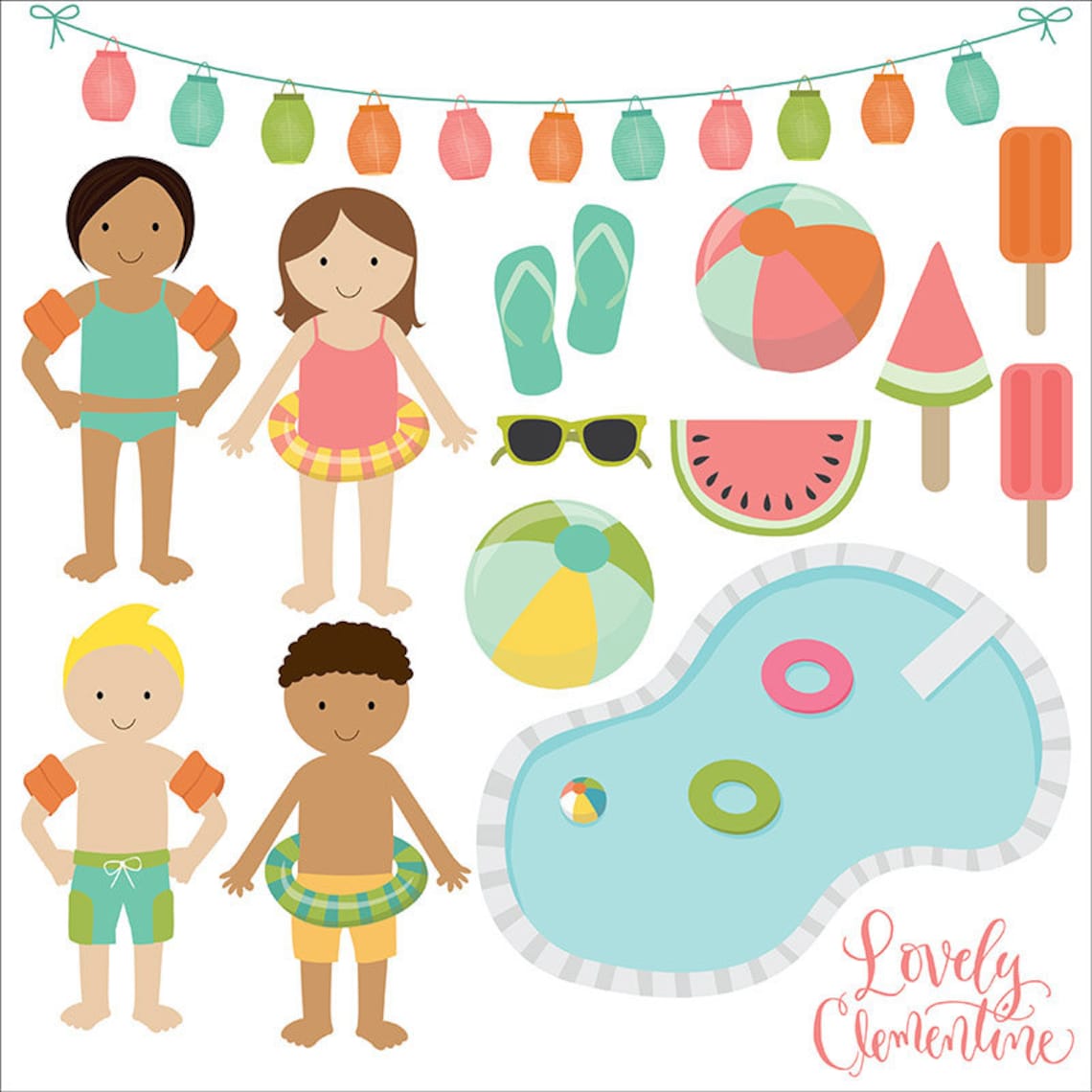 Pool Party Clip Art, Summer Clipart, Pool Vector, Royalty Free Clip Art ...