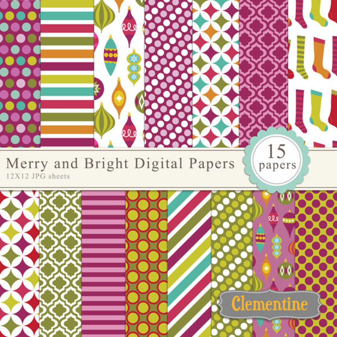 Merry and Bright Christmas Digital Paper 12x12, Digital Scrapbooking ...
