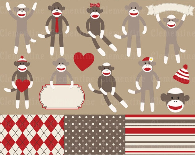 Sock Monkey Digital Clip Art, Birthday Party Digital Clip Art, Instant ...
