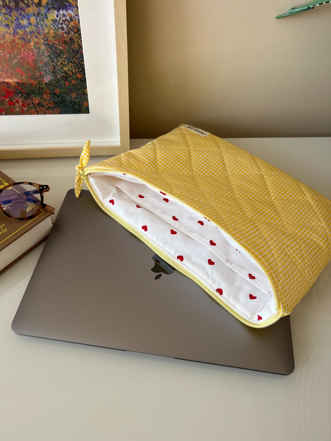 Butter Yellow Laptop Sleeve, Yellow Gingham Zippered Laptop Case, Case ...
