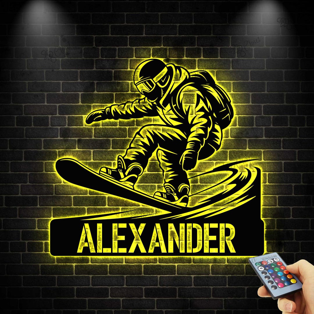 Custom Snowboarding Metal Wall Art LED Light, Snowboard Name Sign Home ...