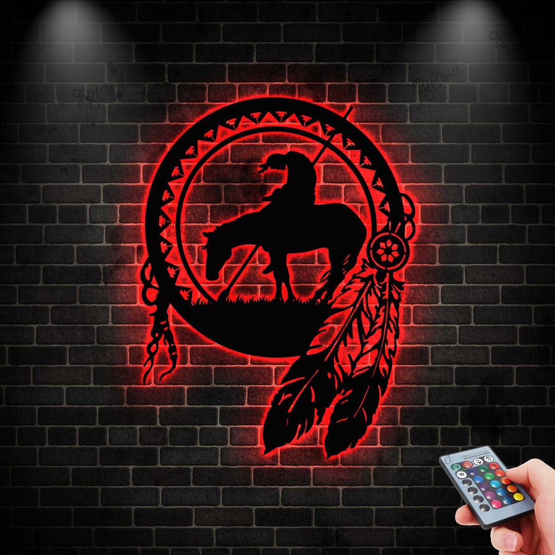 Custom Native American With Horse Metal Wall Art LED Light,native ...