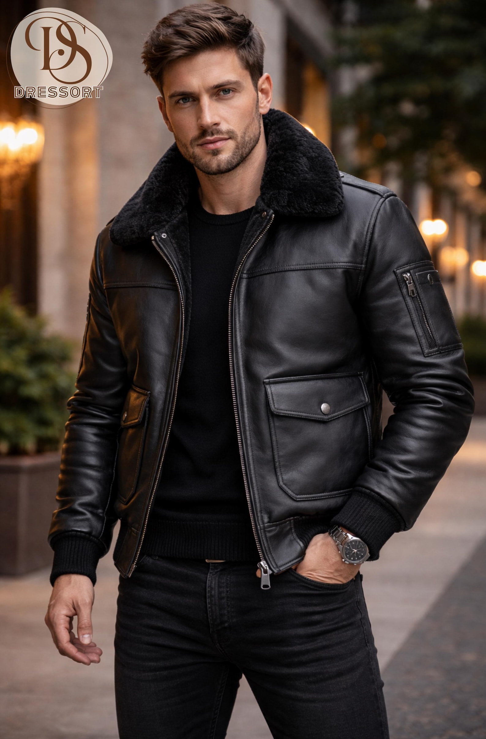 Men’s Black Leather Bomber Jacket With Faux Fur Collar | Luxury Winter ...