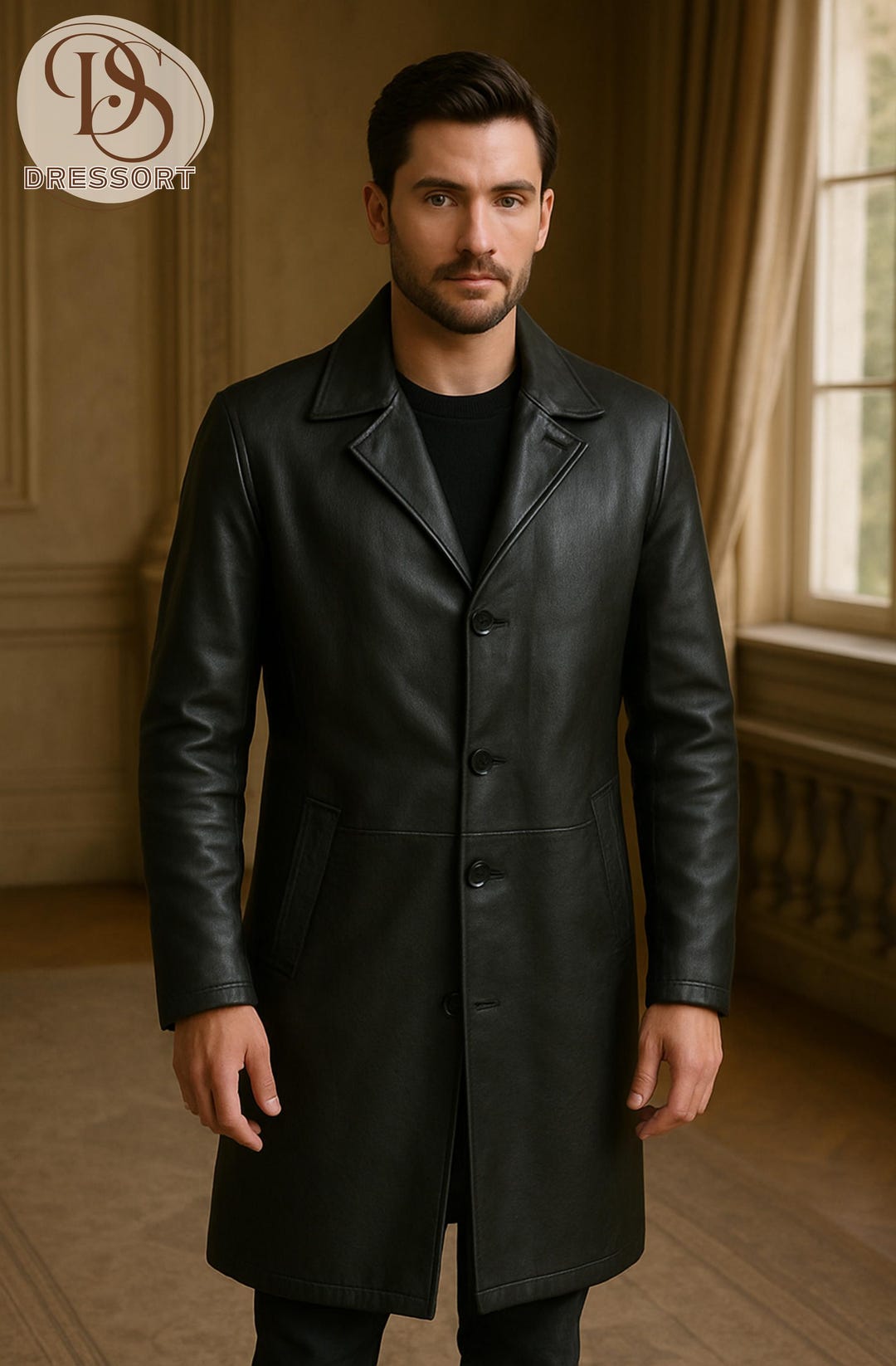 Men's Black Genuine Leather Overcoat | Elegant Knee-length Trench - Etsy