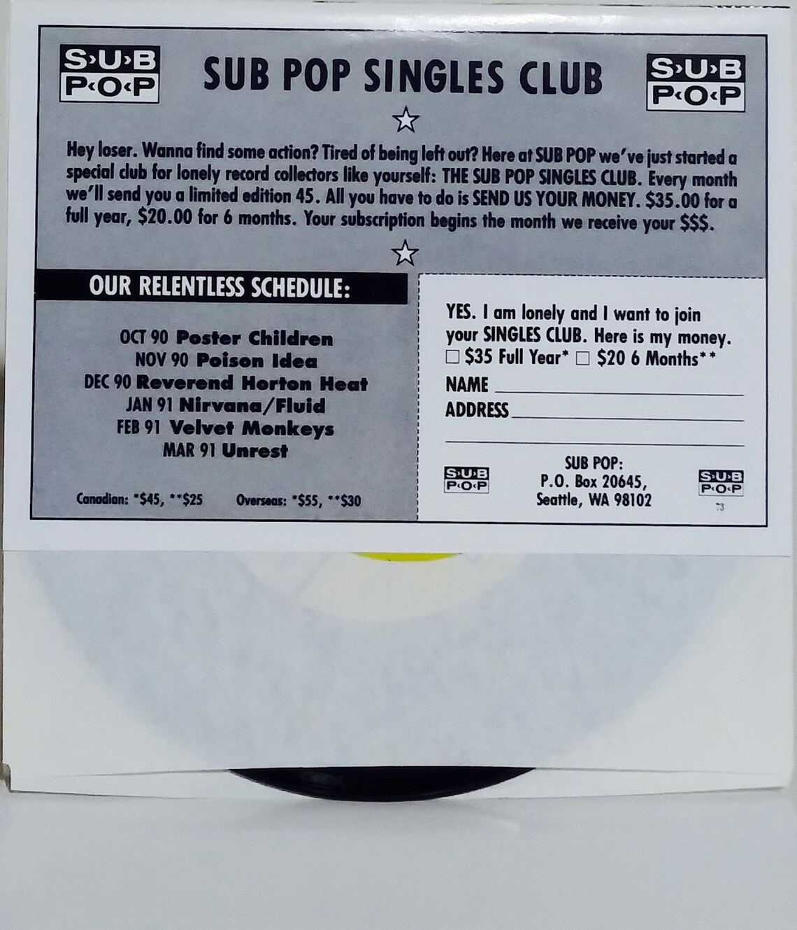 Nirvana Sliver N Dive SUB POP Records SP73 Original Vintage 7 - Etsy