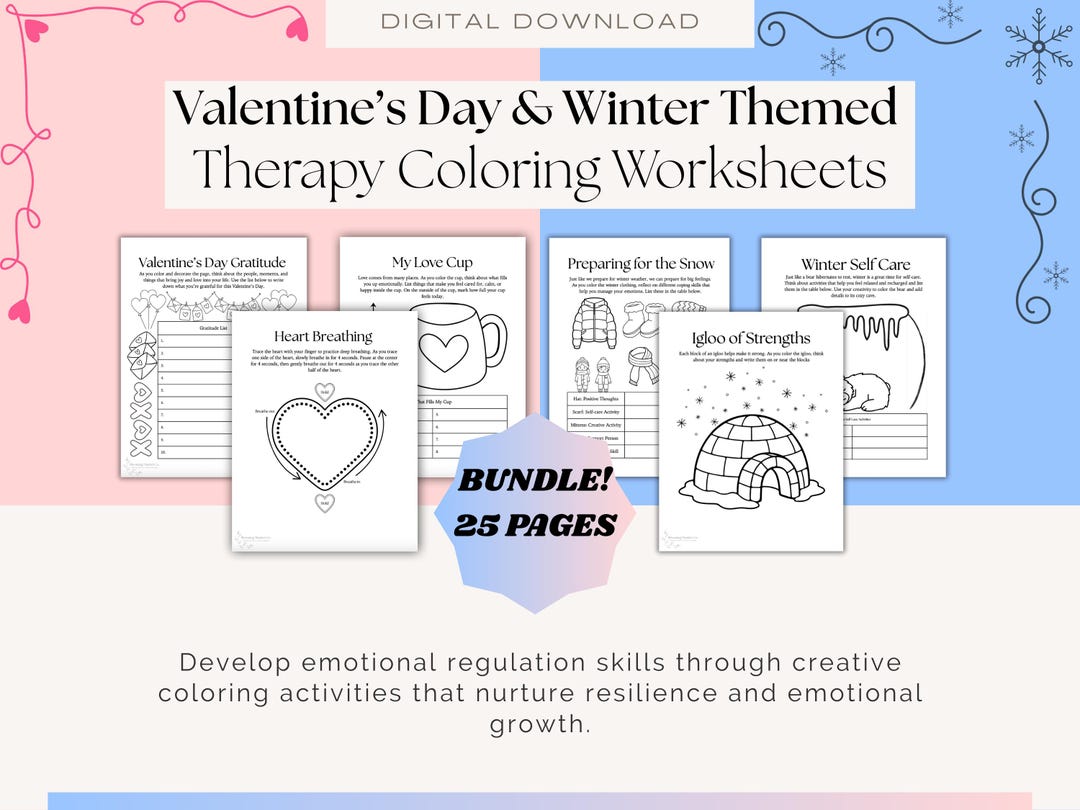 Valentine's Day & Winter Themed Therapy Worksheet Bundle Mindfulness ...
