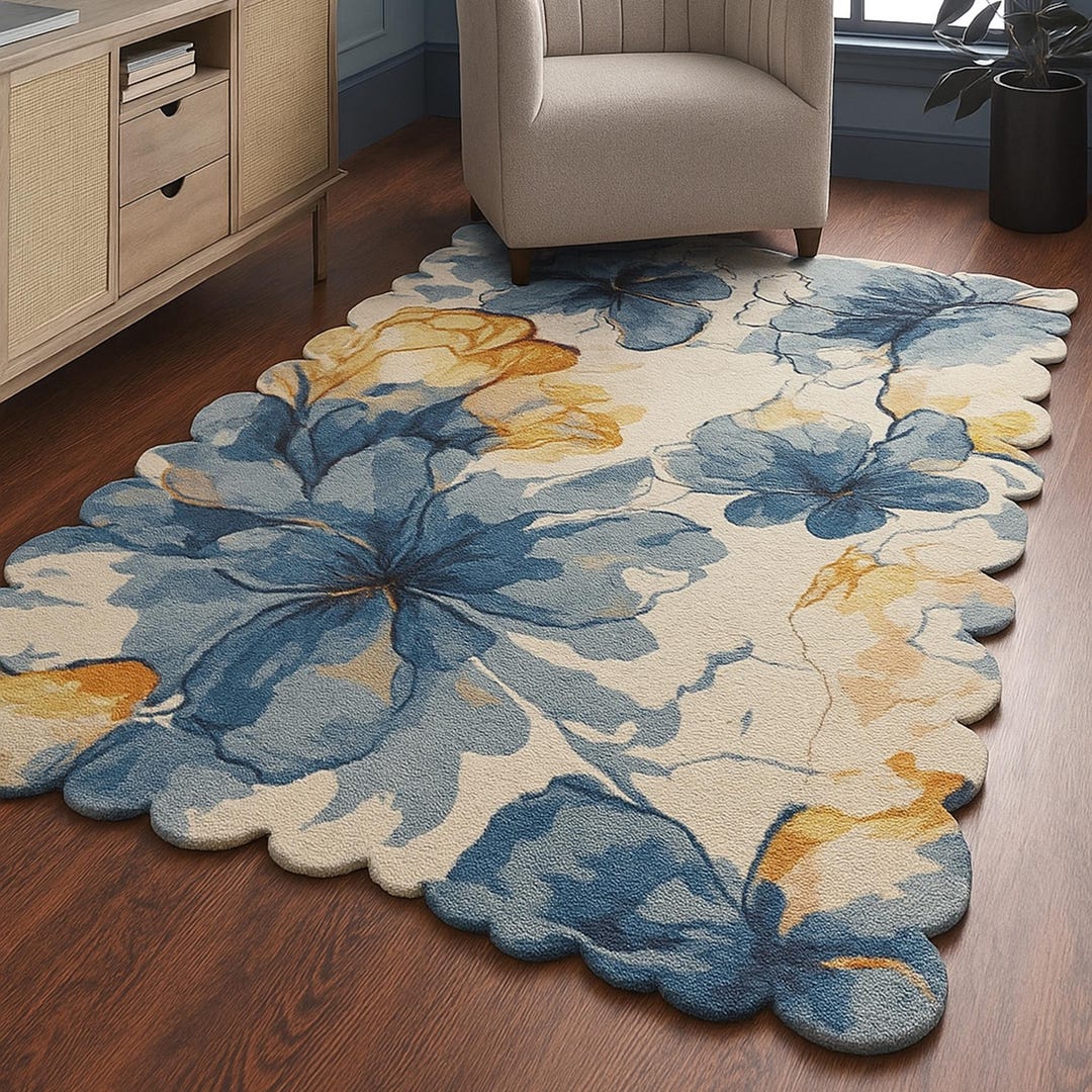 Hand-tufted Wool Rug, Scallop Edge, Blue Floral Carpet - Etsy