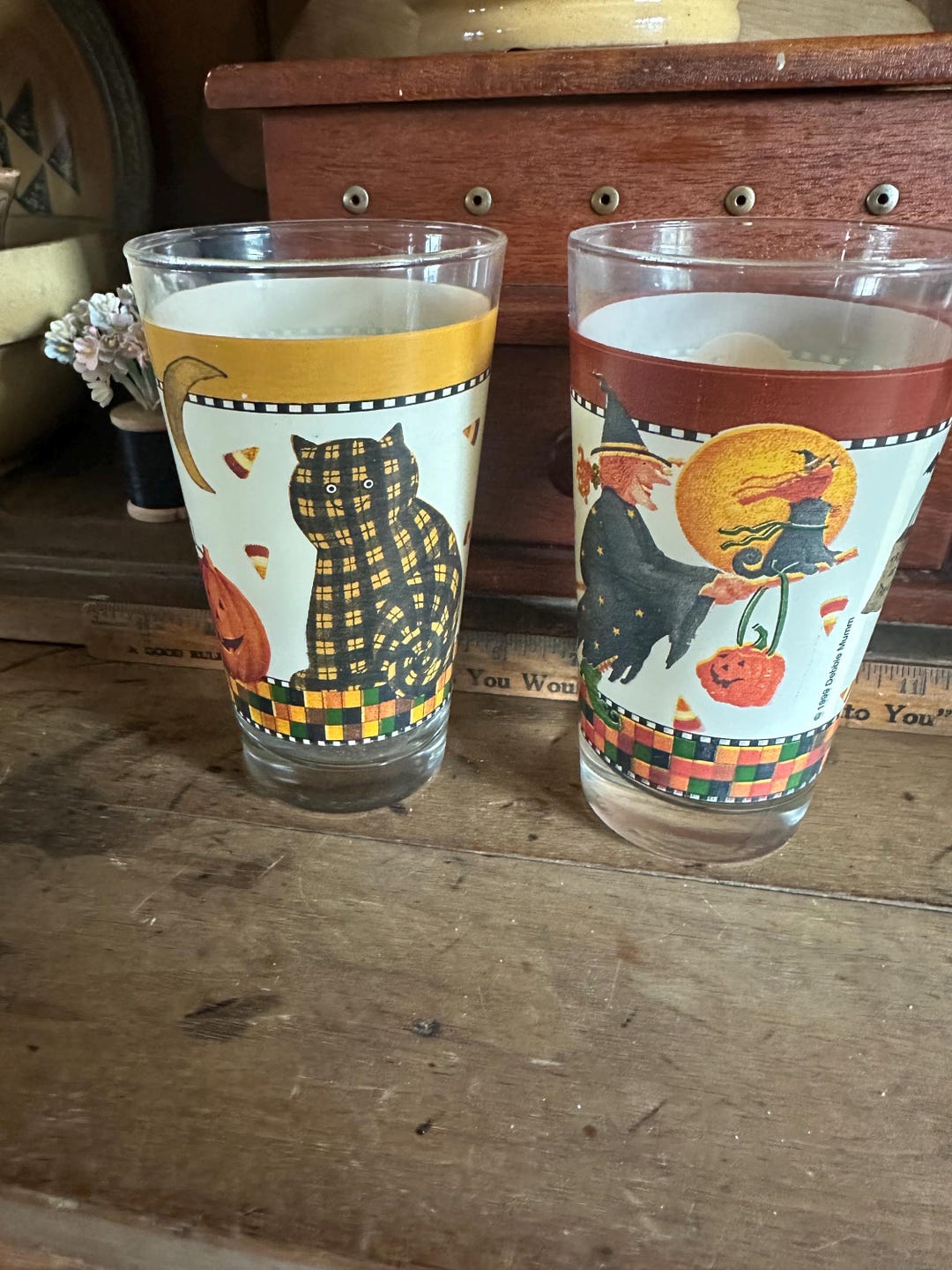 2 Vintage Debbie Mumm Halloween Cat and Witch Glass Tumblers Glasses - Etsy