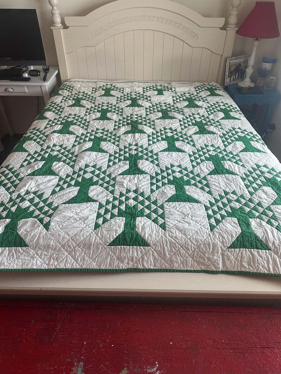 Antique Vintage Vibrant Green Tree of Life Quilt 70” by 80” Hand ...
