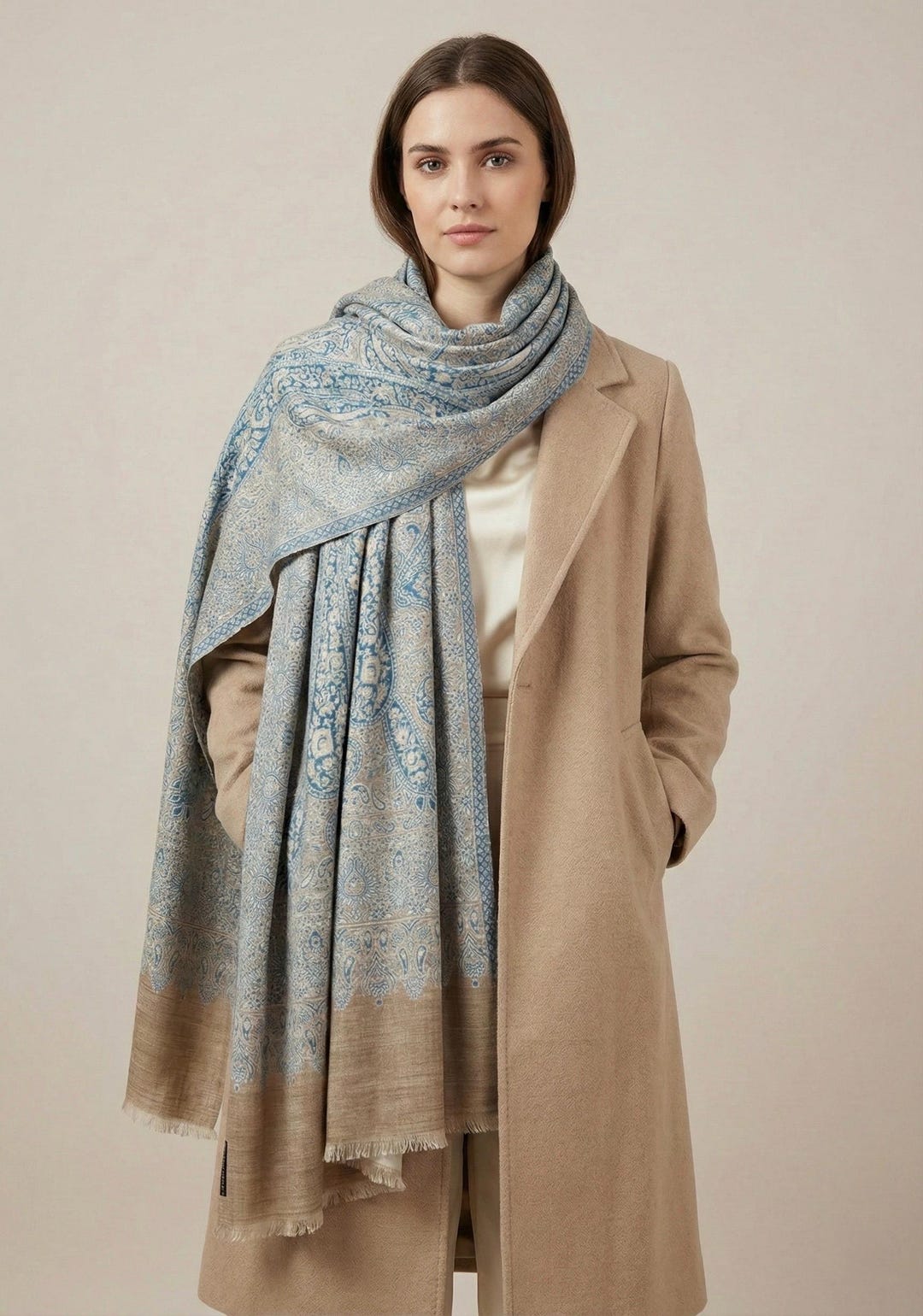 Handmade Himalayan Cashmere Pashmina Shawl – Blue & Beige Paisley ...