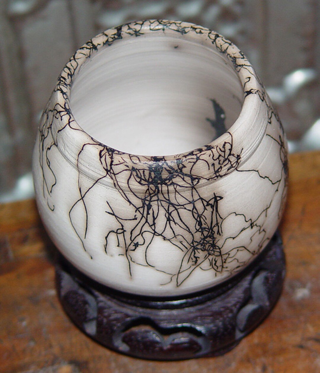 Handmade Pottery Bowl- Zen Asian Look- Wooden Stand- 3 X 4 Inches - Etsy