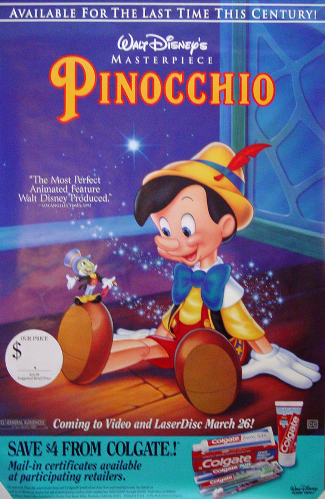 Disney Pinocchio Poster- 1993 Vintage-sale- Collectible- 26 X 40 Inches ...