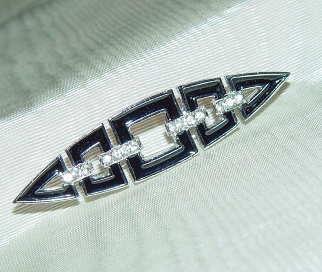 Black Enamel Deco Style Pin-vintage Rhinestone Silver Metal - Etsy