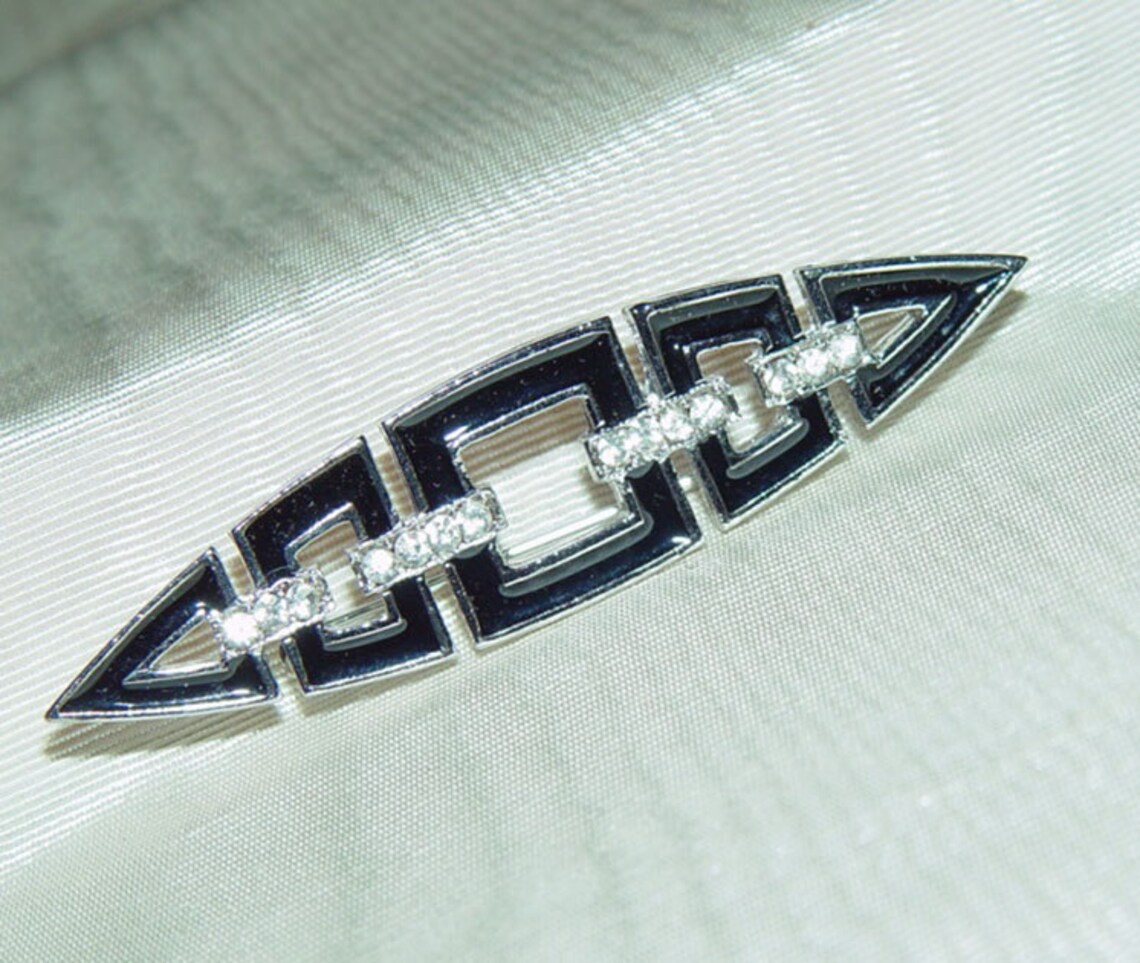 Black Enamel Deco Style Pin-vintage Rhinestone Silver Metal - Etsy