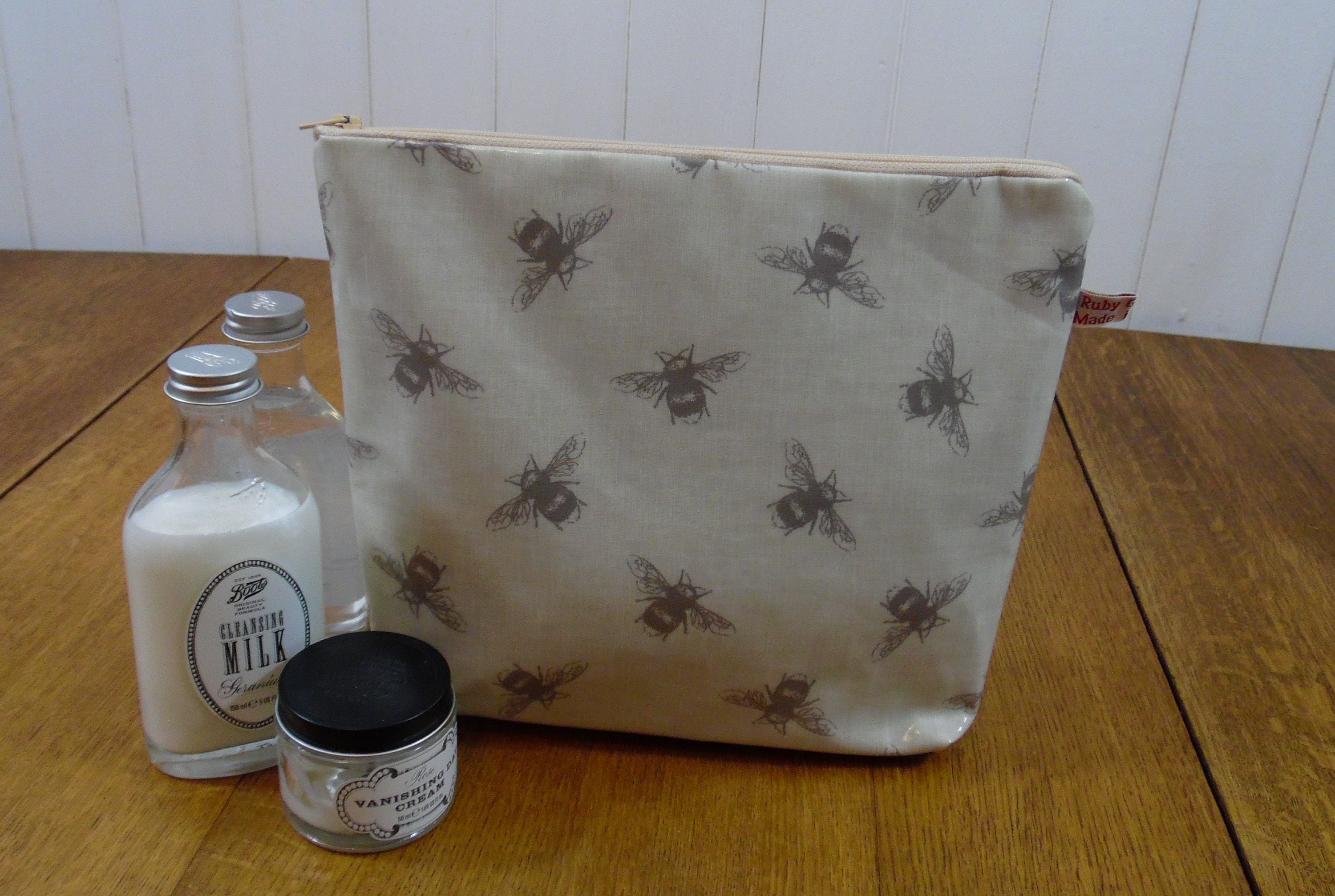 REDUCED Bee Print Oilcloth Large Cosmetic Toiletry Bag