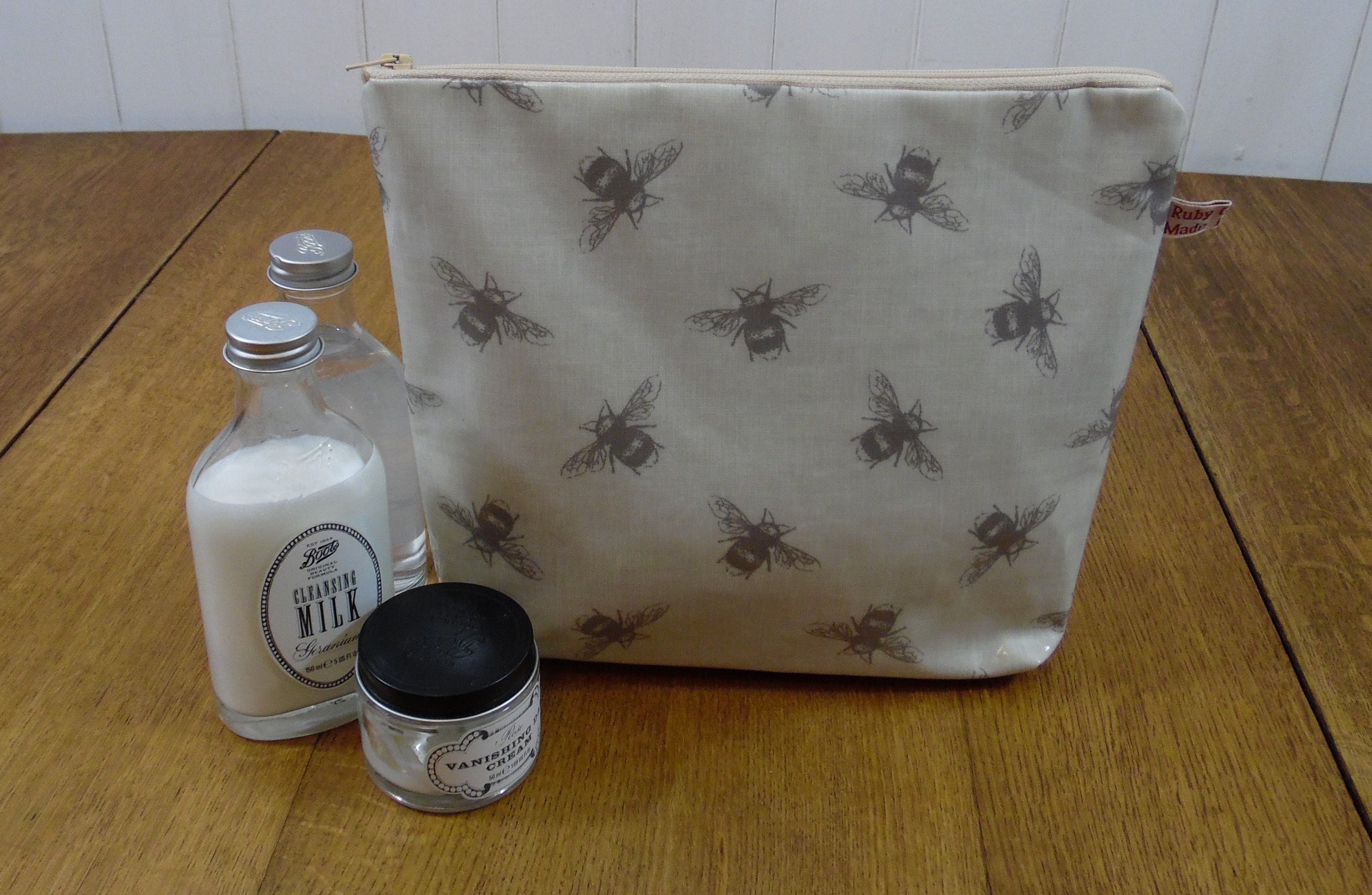 REDUCED Bee Print Oilcloth Large Cosmetic Toiletry Bag