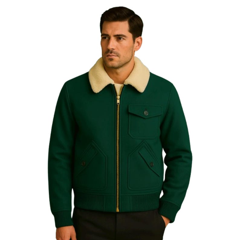 Green Wool Bomber Jacket for Men | Shearling Collar Aviator Coat ...