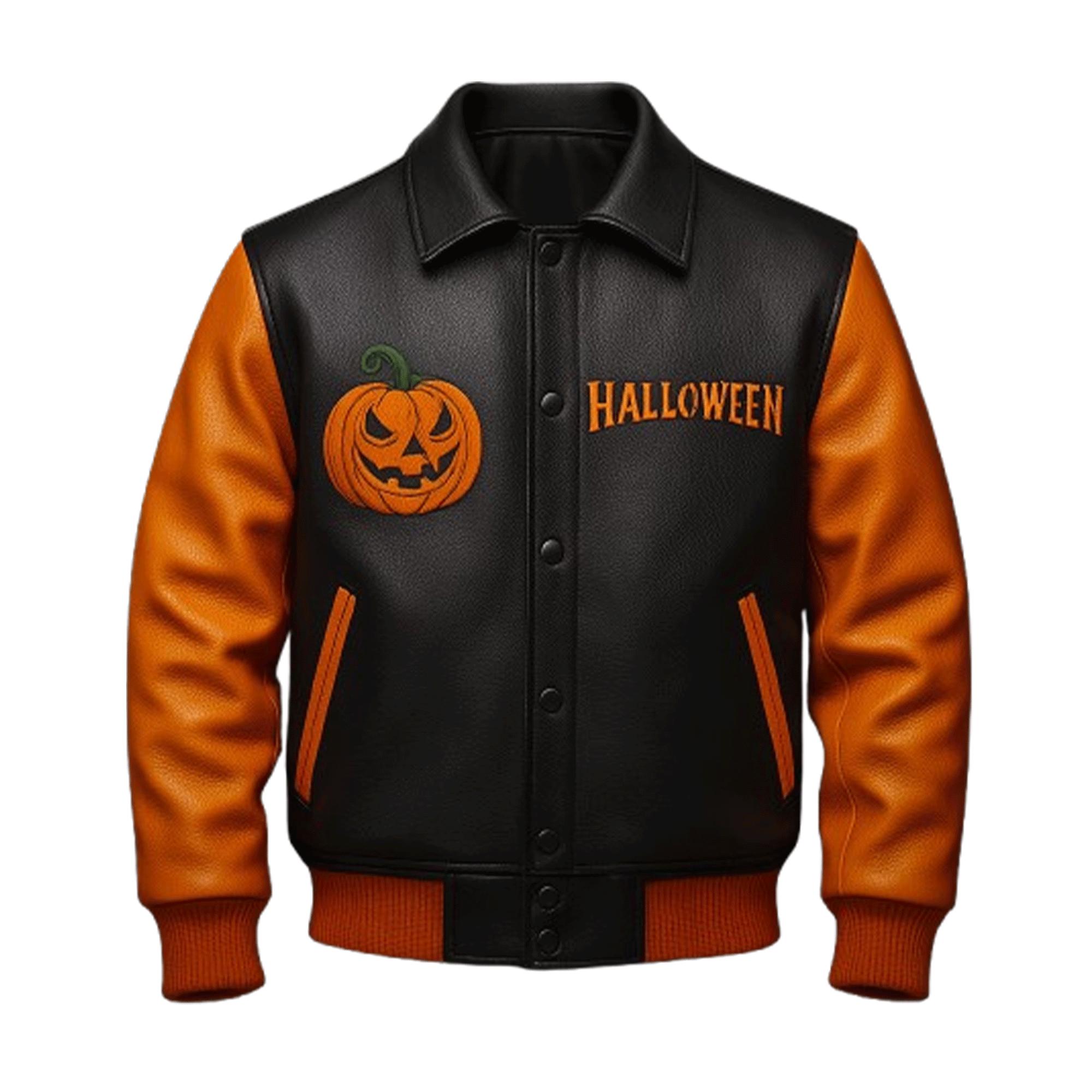 Halloween Leather Jacket With Pumpkin Print | Spooky Gothic Varsity ...