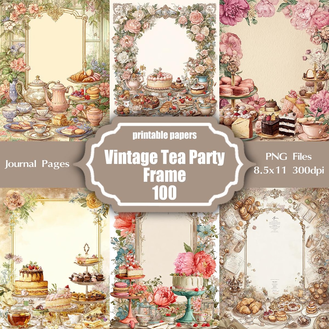 Vintage Tea Party Frame Clipart Set: 100 Printable PNG Images (digital ...