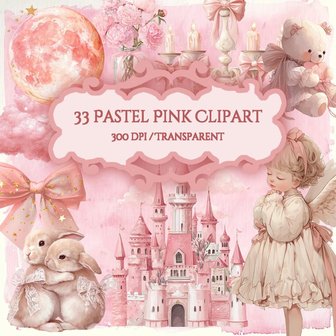 Pastel Pink Clipart Bundle | Cute Bunny, Teddy Bear, Angel, Ribbon ...