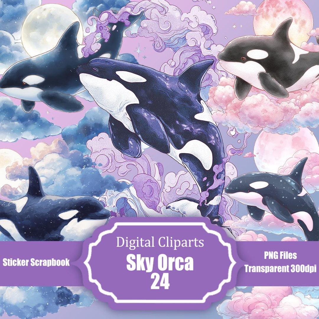 Whale Sky Art Print Set, Dreamy Orca Digital Download, Moon Cloud Ocean ...