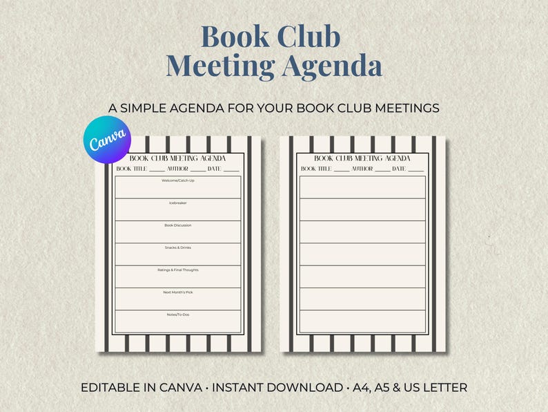 Book Club Meeting Agenda, Editable Canva Template, Minimalist Reading ...