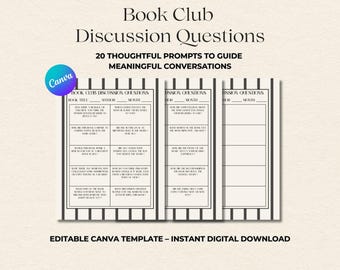 Book Club Discussion Questions Printable Editable Canva Template 20 ...