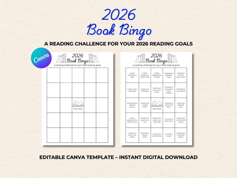 2026 Book Bingo Printable Editable Canva Template Annual Reading ...