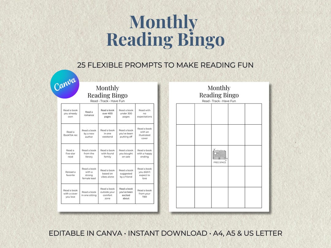 Monthly Reading Bingo Printable, Reading Challenge for Book Lovers ...