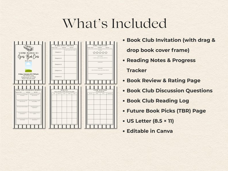Book Club Starter Kit Canva Template Editable Invitation, Reading Log ...