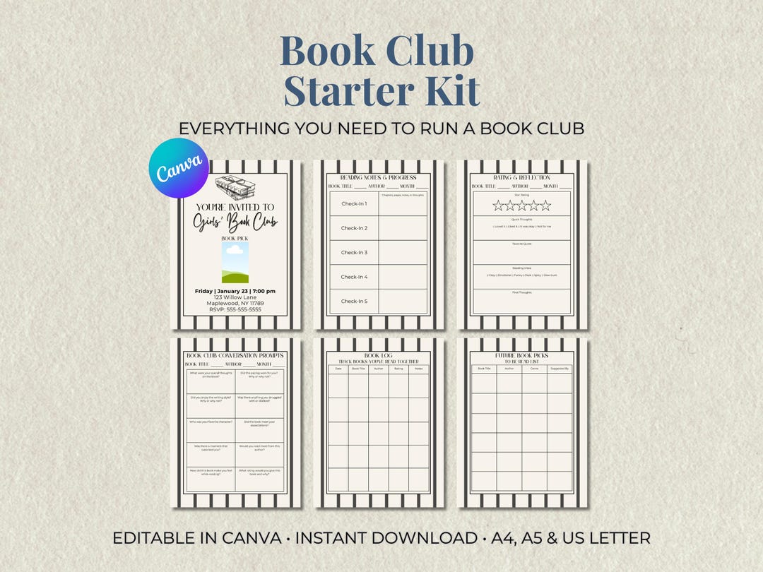Book Club Starter Kit Canva Template Editable Invitation, Reading Log ...